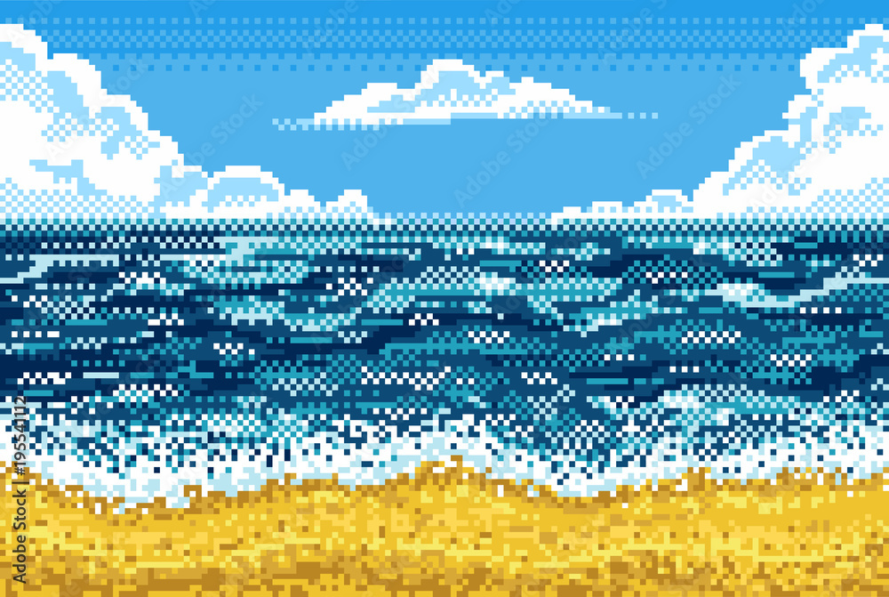 Pixel background with beach, sea, sky and clouds Stock Vector | Adobe Stock
