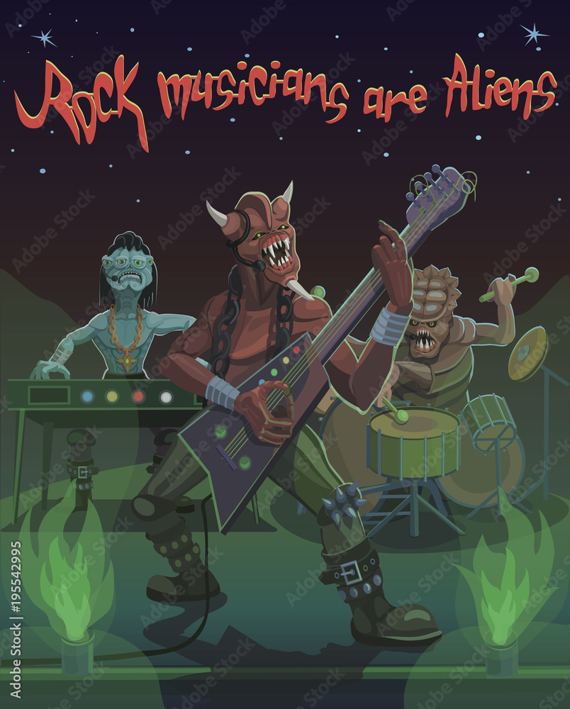 Rock musicians aliens sing a song of space/ Rock musician aliens ...