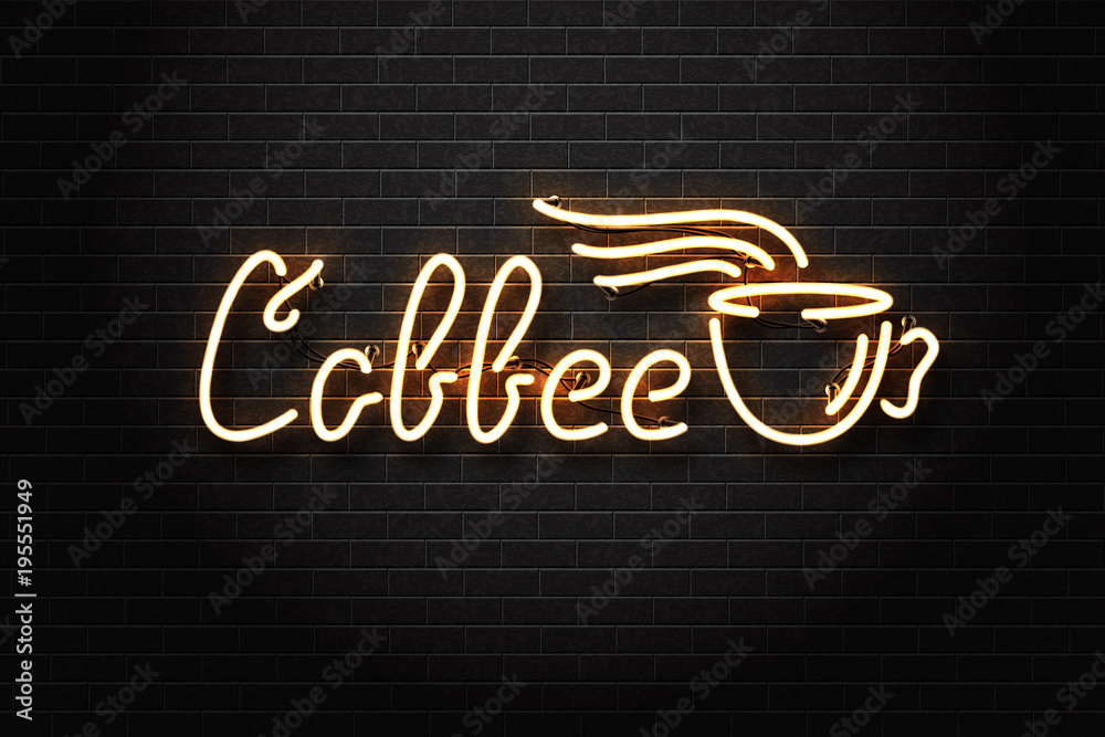 Vector realistic isolated neon sign of coffee lettering logo with cup ...