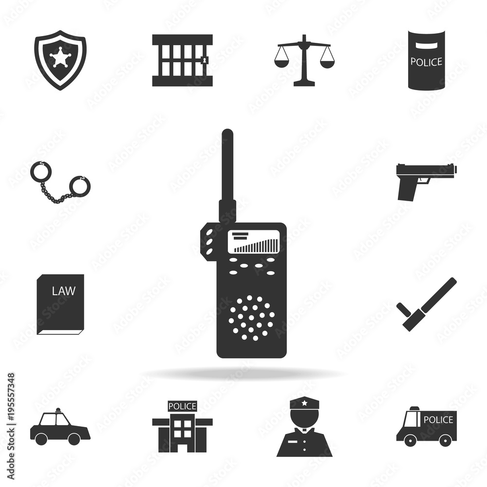 Two way radio, walkie talkie icon. Detailed set of police element icons ...