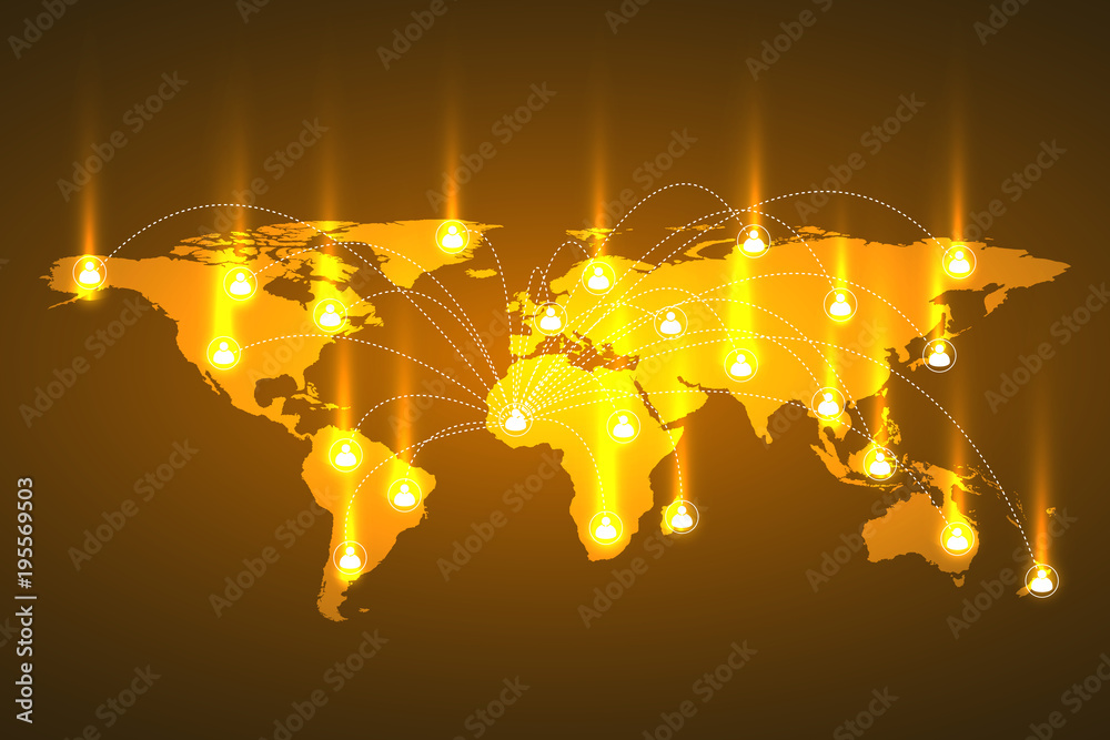 Glowing global network connection. Gold World map hexagonal mesh and ...