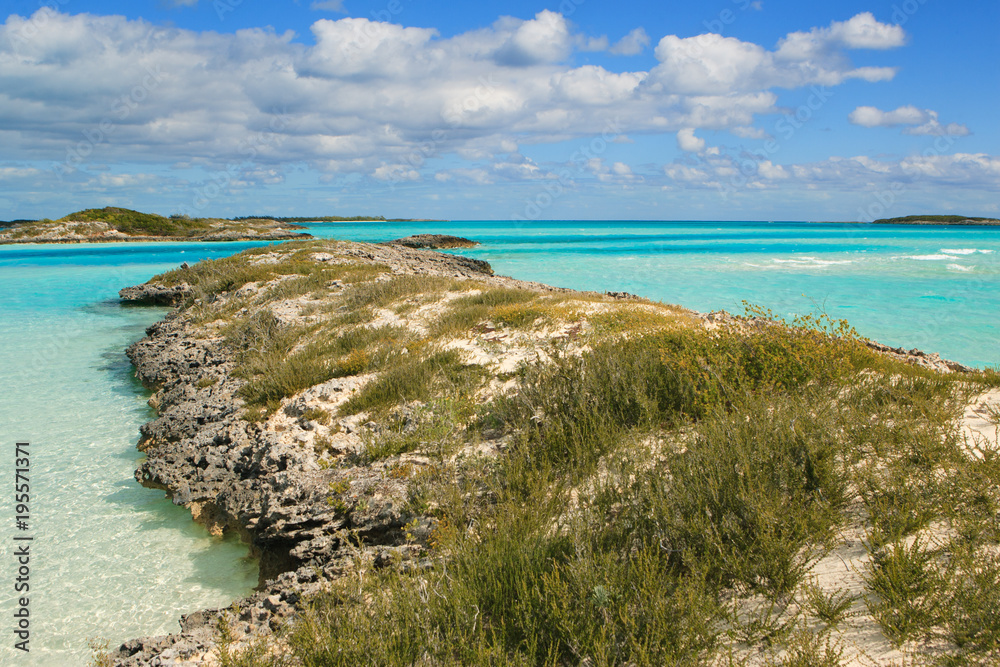 A view of the amazingly blue, clear water of a beach in the Exumas ...
