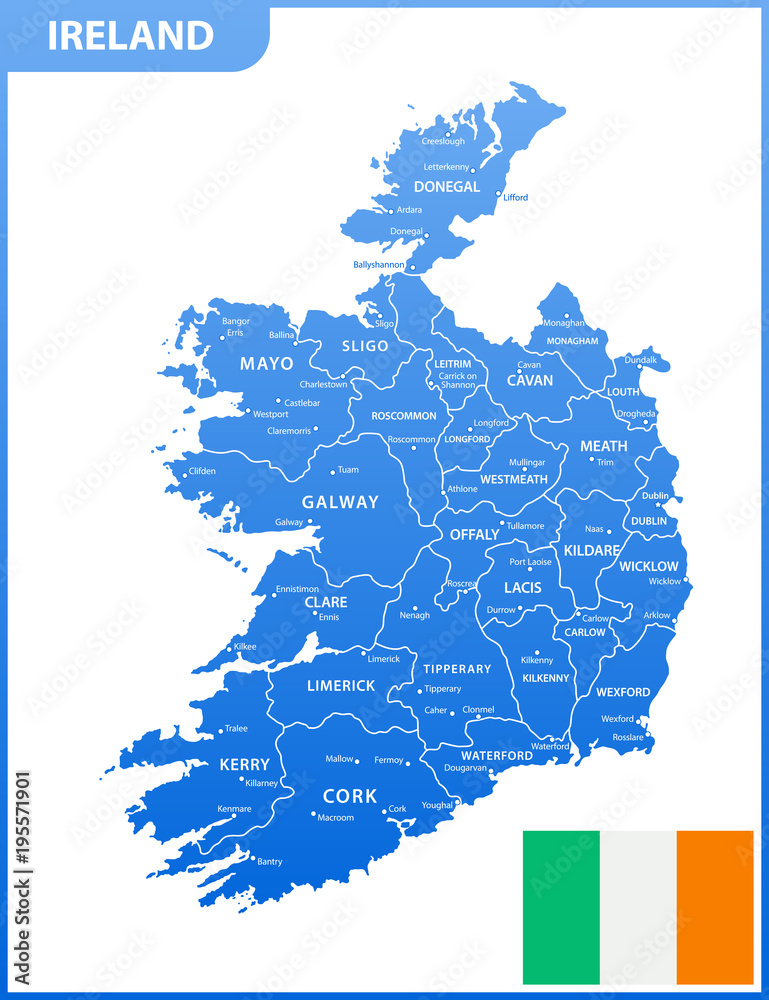 The detailed map of the Ireland with regions or states and cities ...
