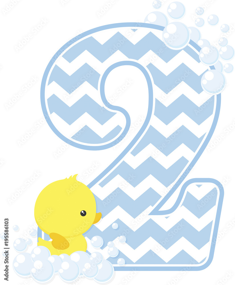 number 2 with bubbles and little baby rubber duck isolated on white ...