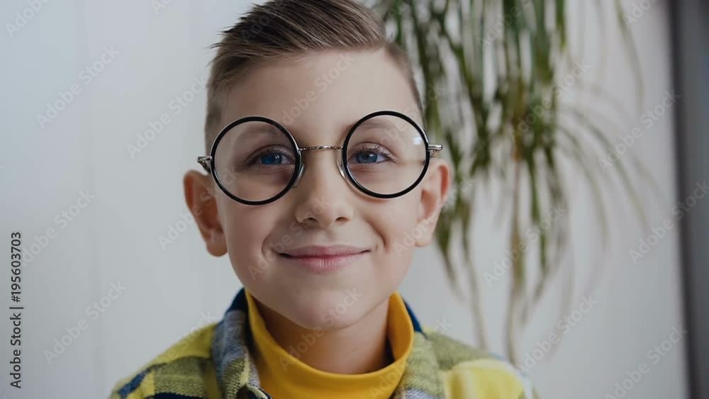 Close-up. The cute face of charming boy schoolboy with beautiful blue ...