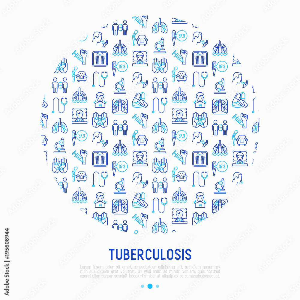 Tuberculosis concept in circle with thin line icons: infection in lungs ...