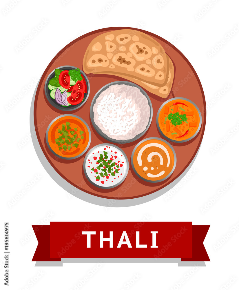 Thali. Indian national dish. Vector flat illustration. Stock Vector ...