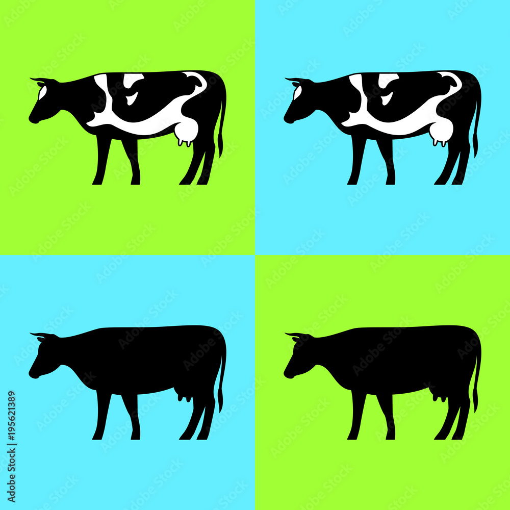 Cow vector silhouette set isolated on green and blue background. Cow ...