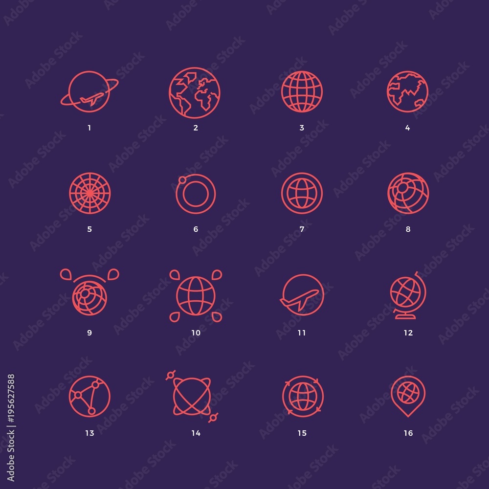 Line icons of planets and Earth. Vector logos of global communication ...