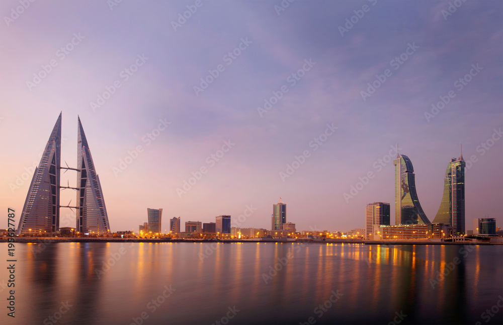 Bahrain skyline with two iconic building, the world trade center and ...
