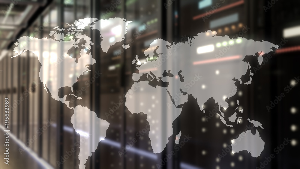 Server room which connected to the global cloud data,3d rendering ...