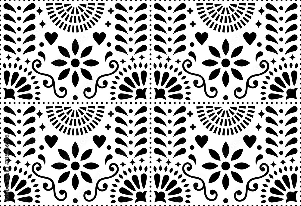 Folk art vector seamless pattern, Mexican black and white design with ...