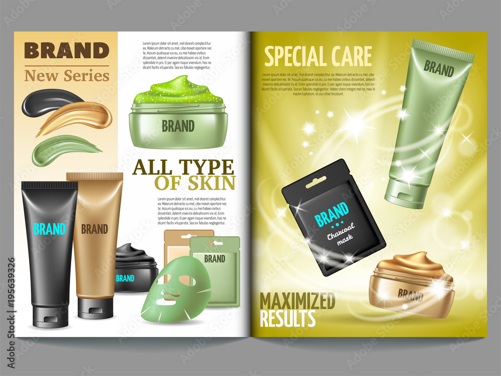 Cosmetic magazine template, green clay, black charcoal and golden mask ...