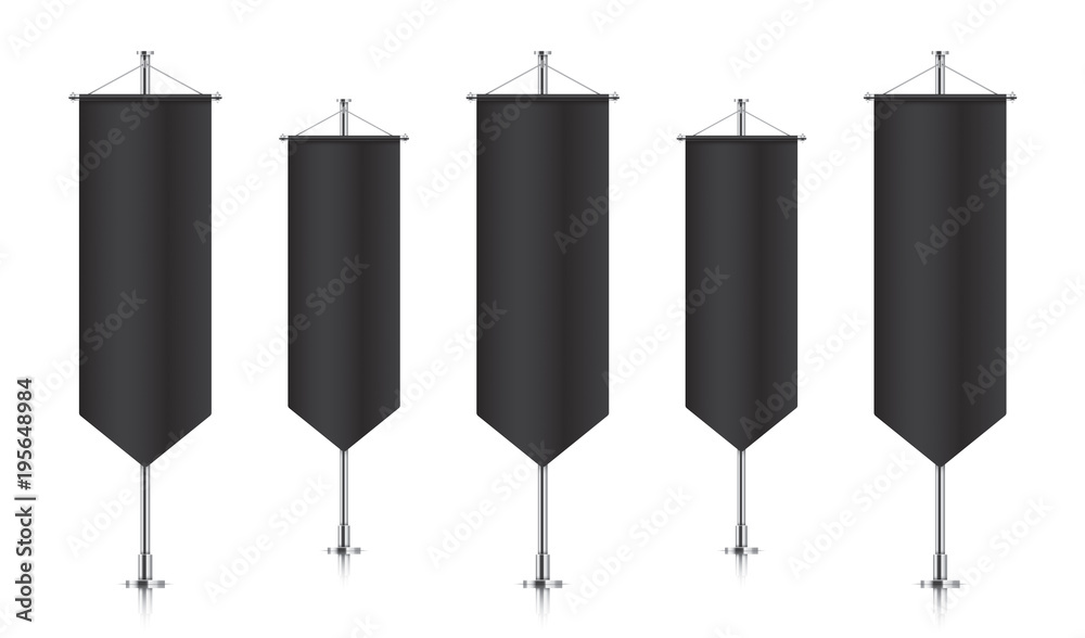 Black vertical royal flags, standing in a row. Vector banner flag ...