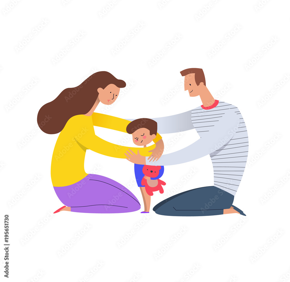 Parents hugging son. Mom and dad embracing their child holding teddy ...