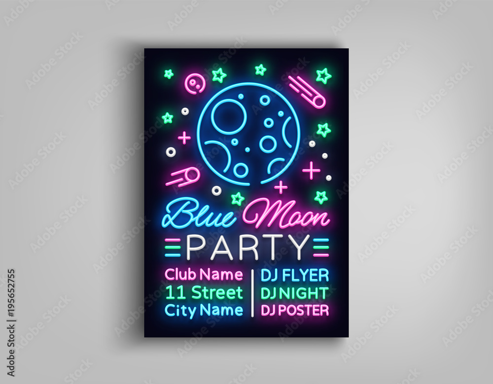 Night party poster design template in neon style. Blue moon night party ...