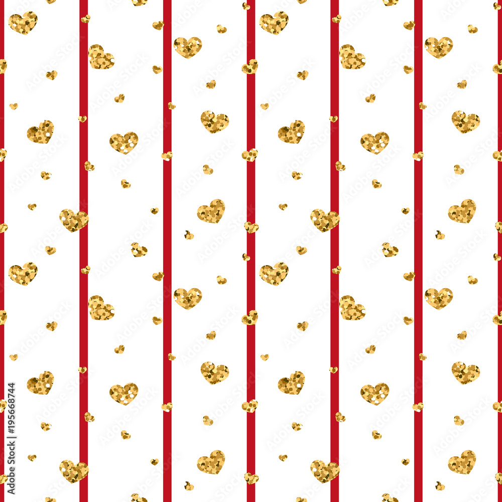 Gold heart seamless pattern. Red-white geometric stripes, golden ...