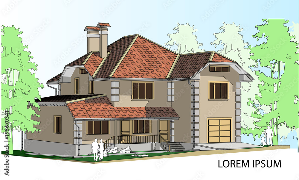 Vector drawing of a house in the future. The house with a slate roof ...
