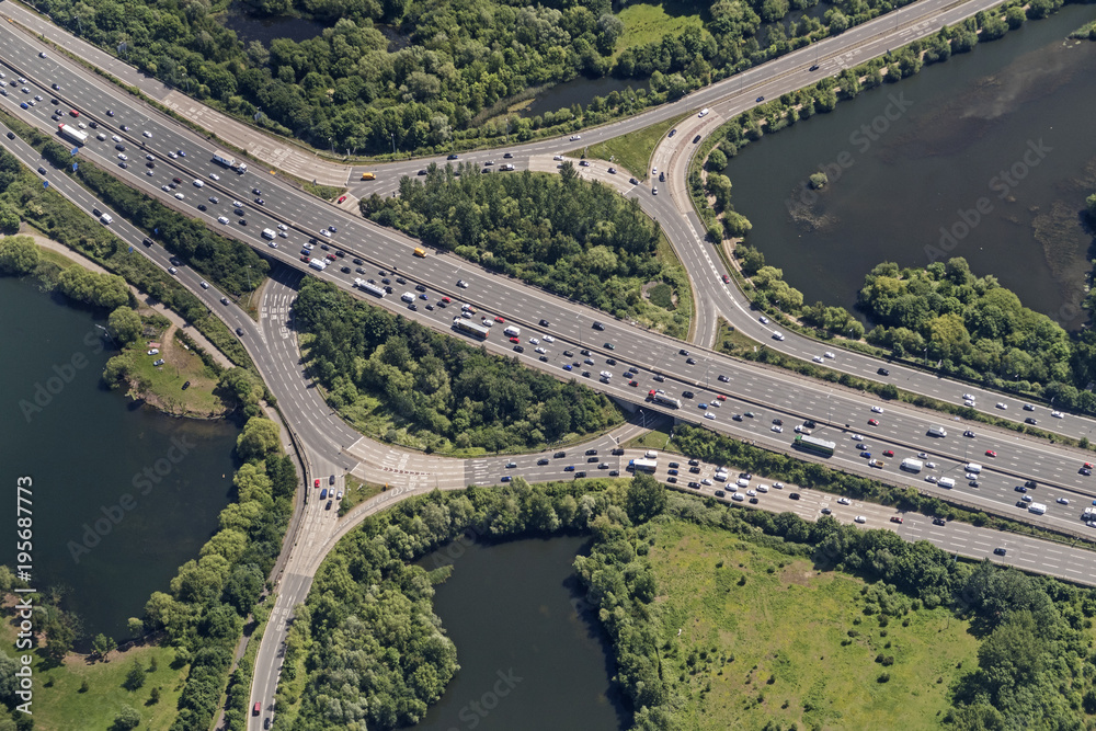 Circular motorway intersection in England seen from an airplane Stock ...