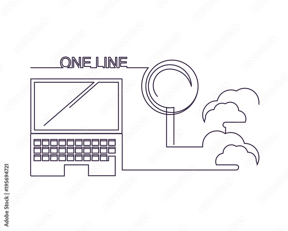 One line design of computer and magnifying glass over white background ...