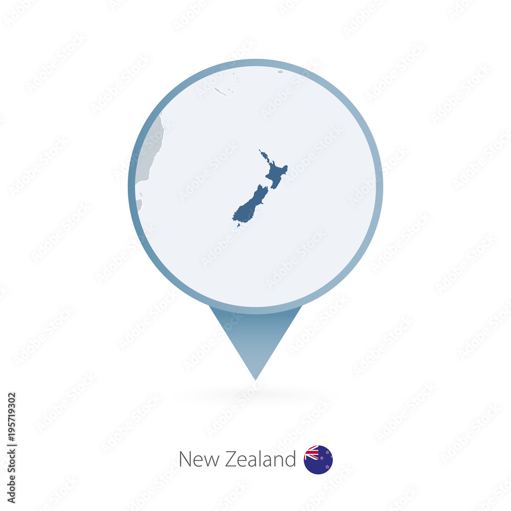 Map pin with detailed map of New Zealand and neighboring countries ...