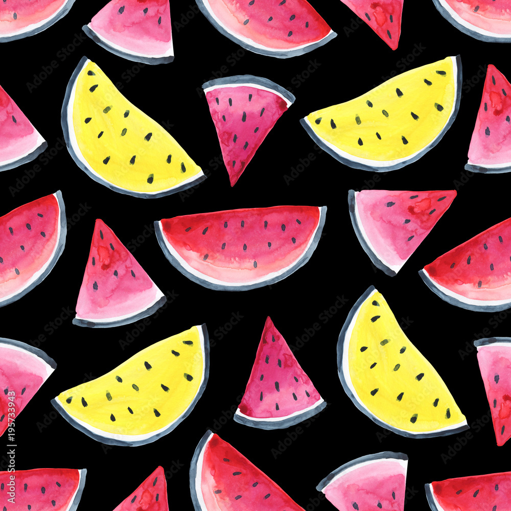 Seamless Tropical pattern of watermelon. Hand drawn watercolor ...
