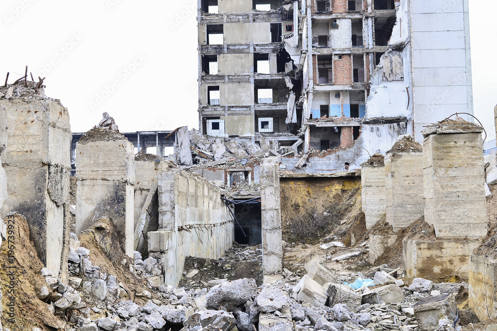 Remains of the destroyed industrial building. The skeleton of a large ...