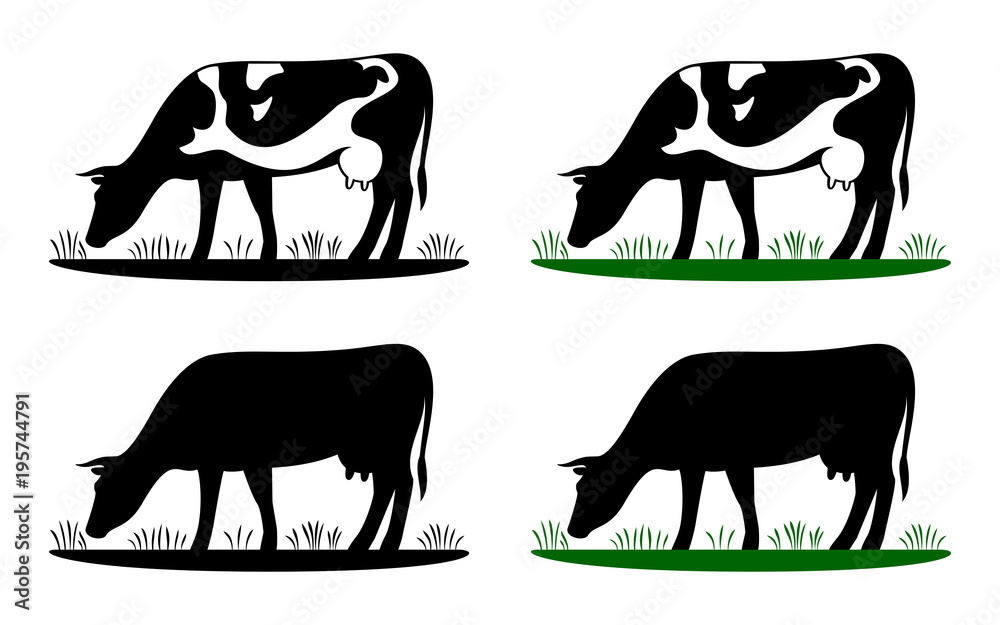 Vecteur Stock Cow grazing on meadow, cow silhouette in field eating ...