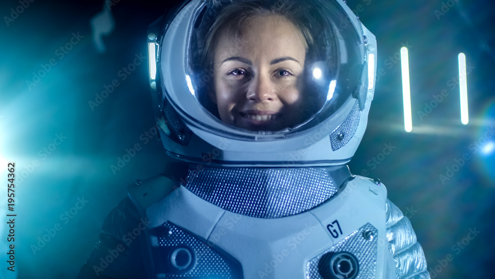 Portrait of the Beautiful Female Astronaut on the Alien Planet Looking ...