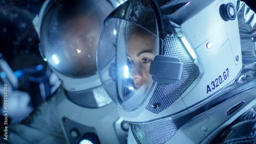 Two Astronauts Wearing Space Suits Talking, Exploring Newly Discovered ...