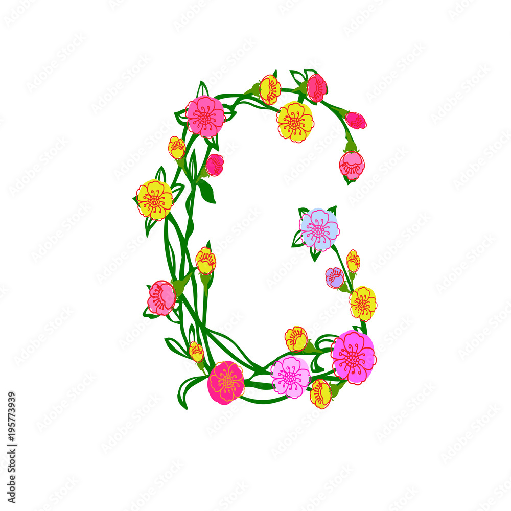 Cute Colorful Floral Alphabet - Letter G Isolated on White Background ...