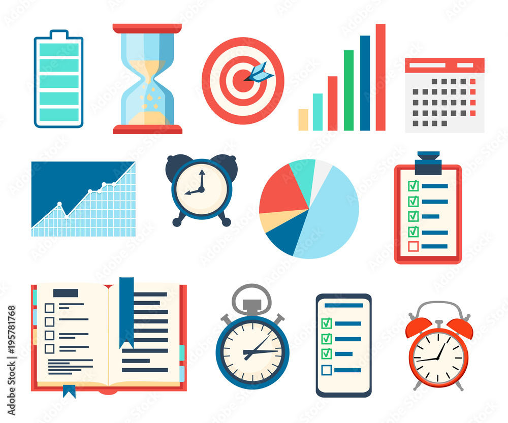 Time management icons set. Charts analysis and optimization goal ...