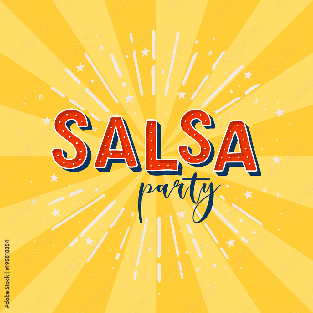 Salsa party vector logotype. Yellow rays background. Poster for dance ...