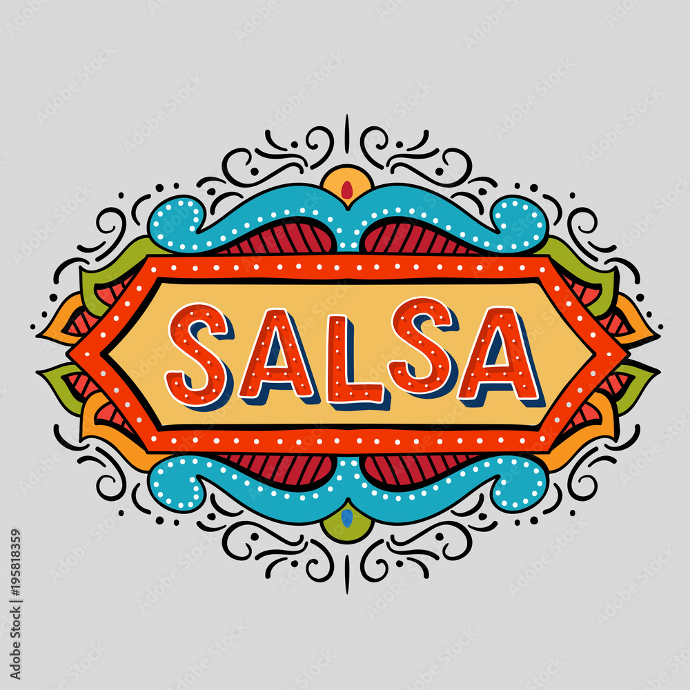 Festive hand drawn salsa frame. Vector illusration of banner in vintage ...