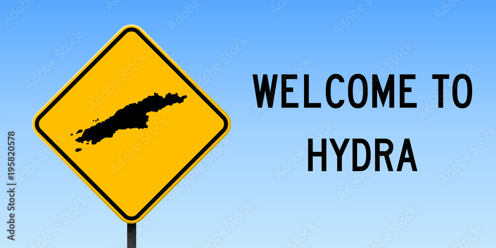 Hydra map on road sign. Wide poster with Hydra island map on yellow ...