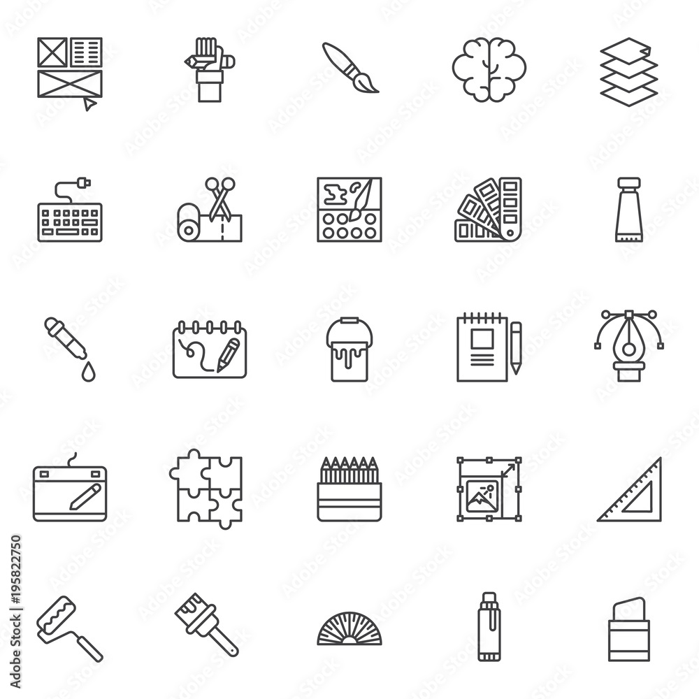 Drawing elements outline icons set. linear style symbols collection ...