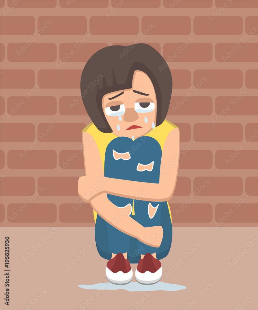 crying girl sits hugging her knees near wall vector cartoon Stock ...