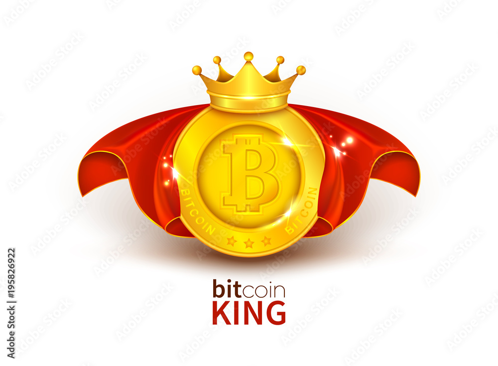 Vector 3d realistic golden bitcoin in red cloak, with royal crown on it ...