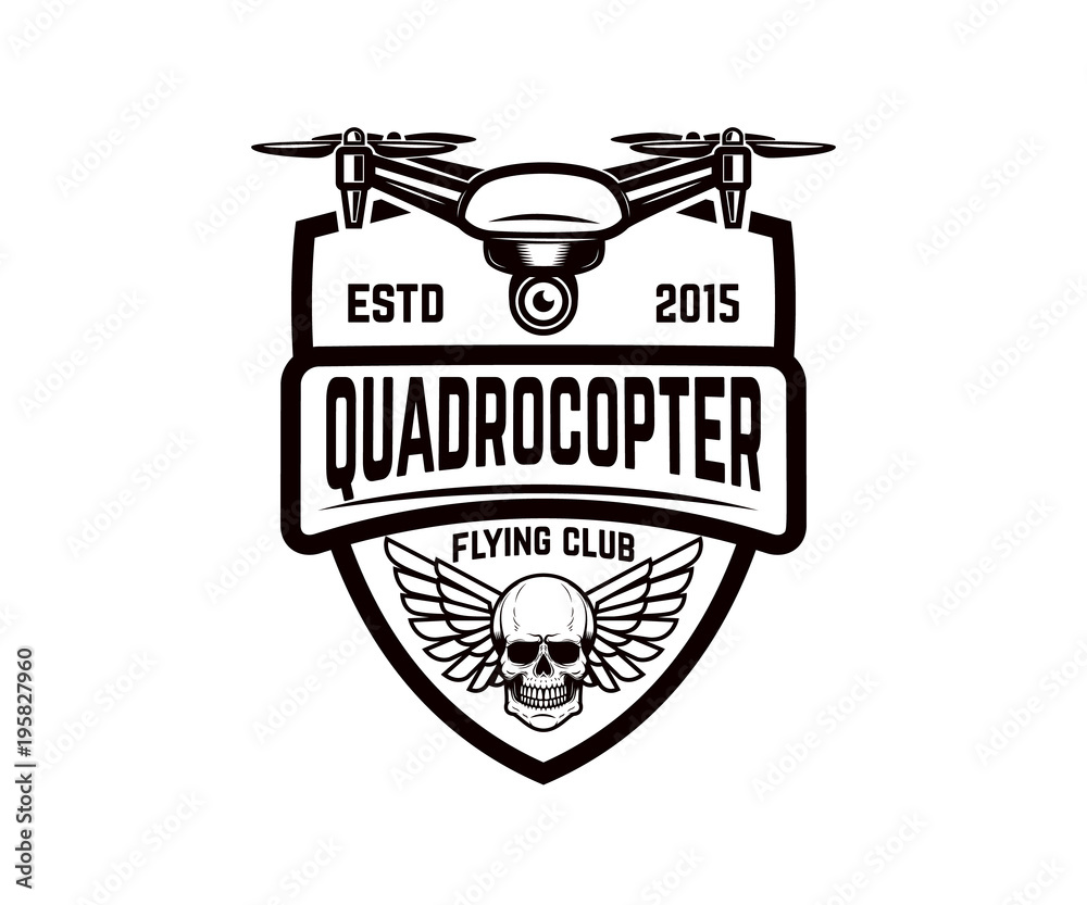 Flying club. Emblem template with quadrocopter. Design element for logo ...