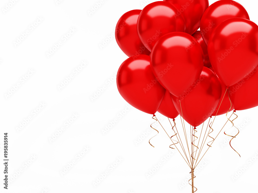 Red balloons on the top right corner with golden ribbons isolated on ...