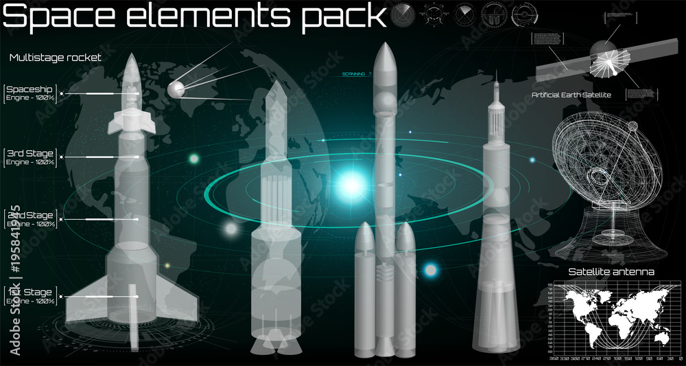 Space background HUD, space rocket of spacecraft Ui, rocket vehicles ...