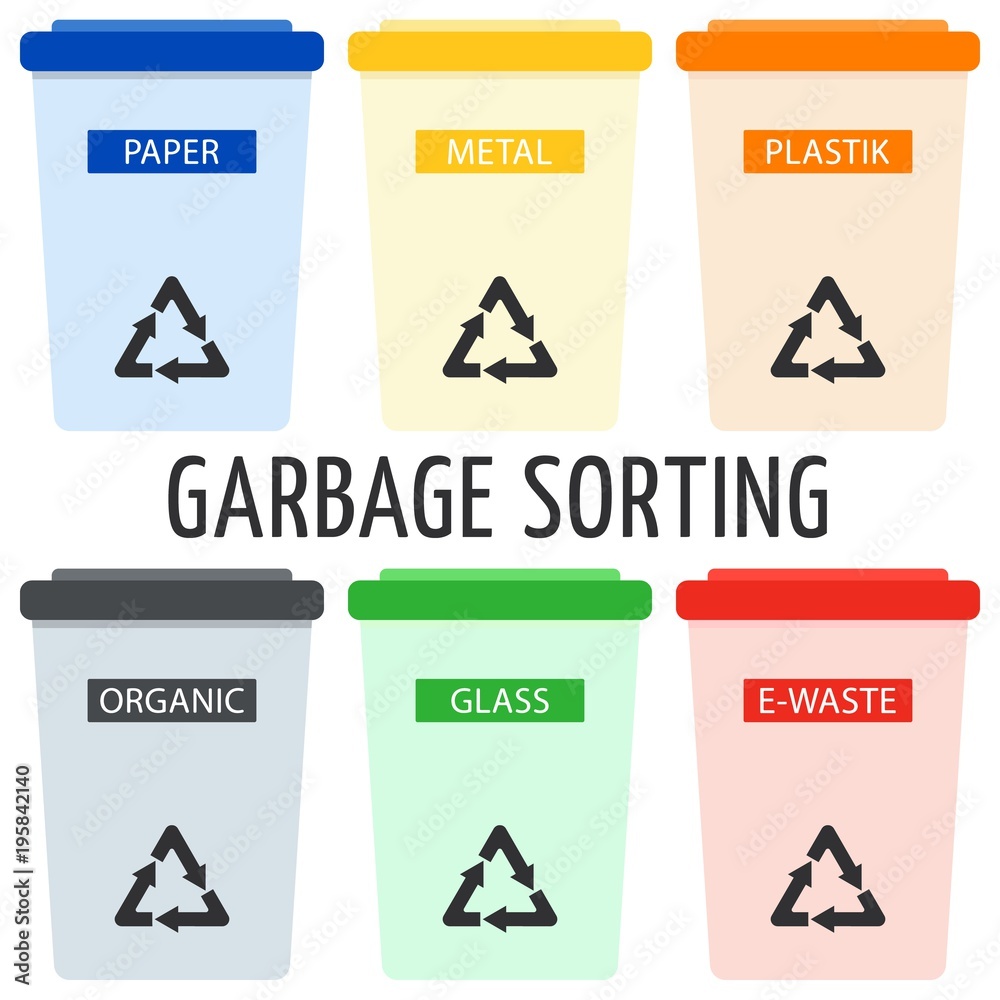 Many garbage cans with sorted garbage. Sorting garbage. Ecology and ...