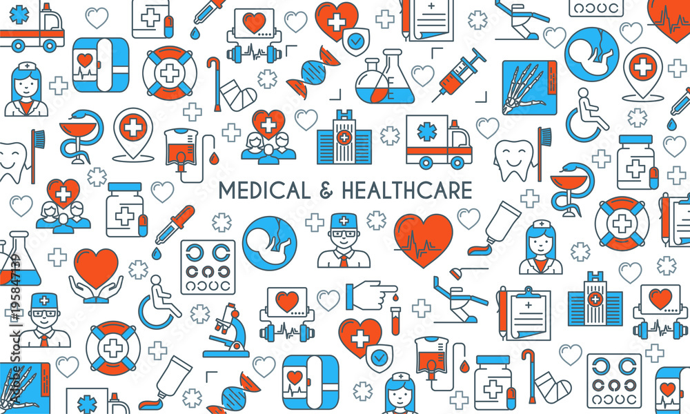 Flat line design banner on medical theme. Health insurance, medical ...