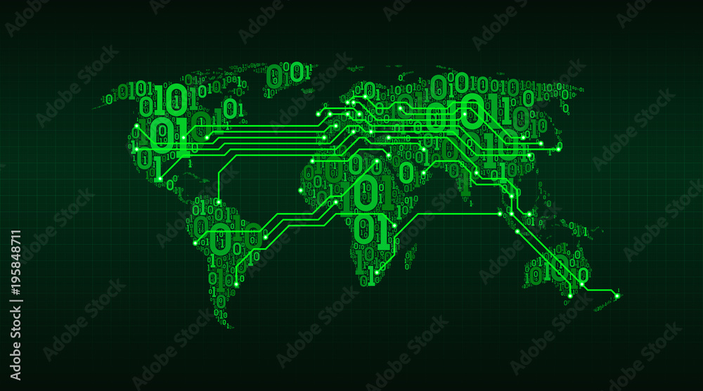 Abstract world map from a digital binary code on a grid background ...