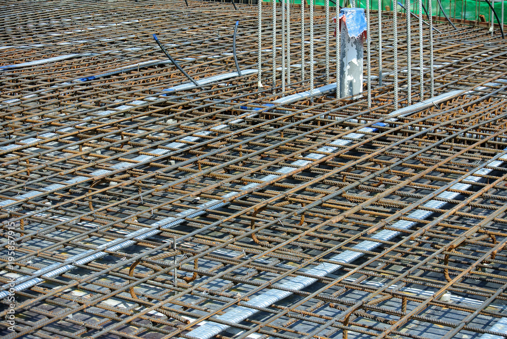 Slab steel reinforcement bar laid on top of timber form work to form ...