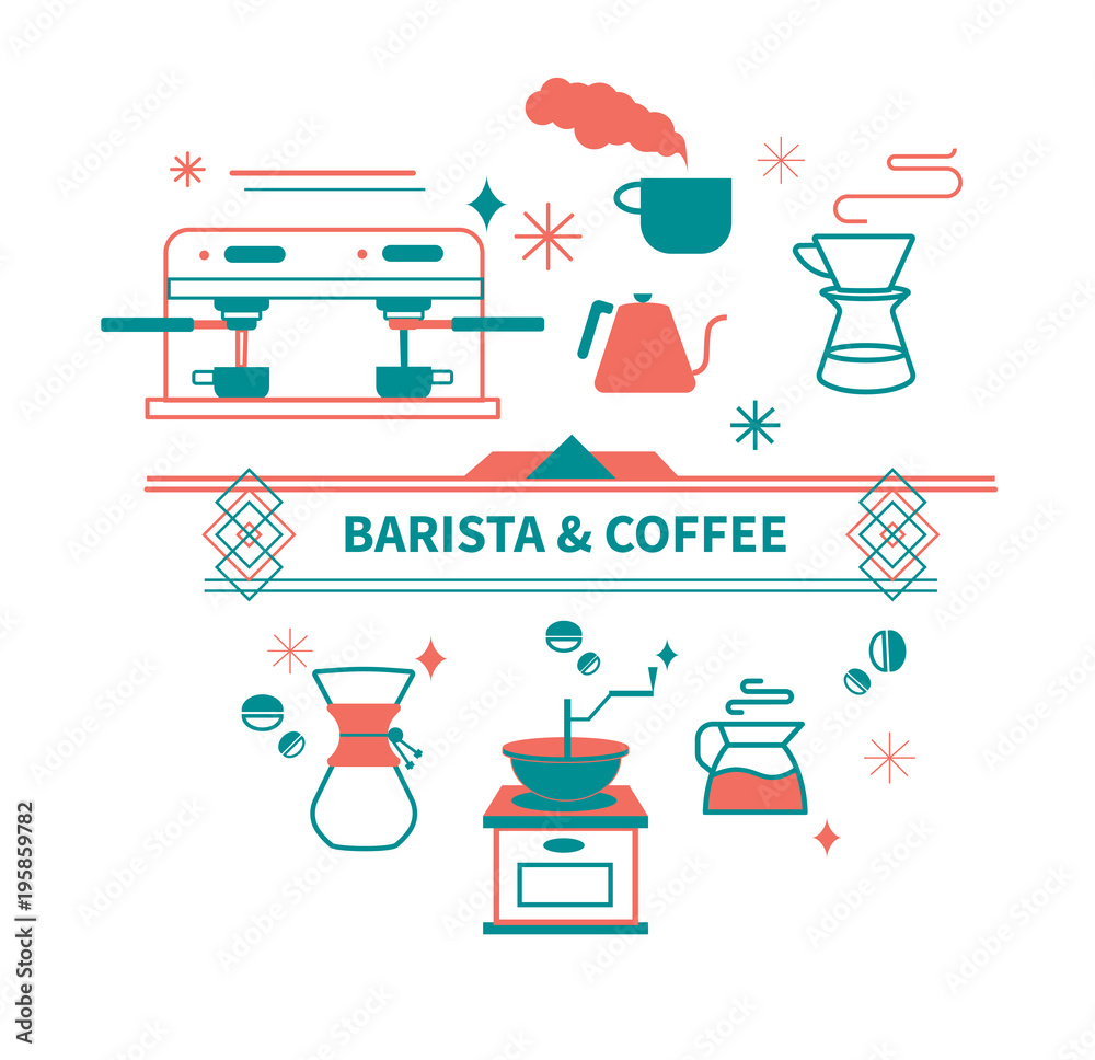 Vector illustration set of coffee preparation for coffeeshop with ...