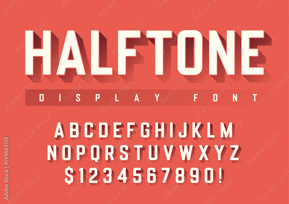Vector display font design with halftone shadow, alphabet, chara Stock ...