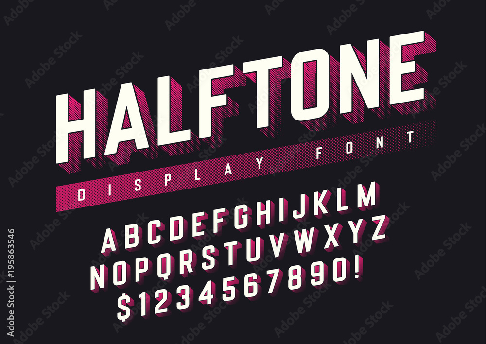 Vector display font design with halftone shadow, alphabet, chara Stock ...