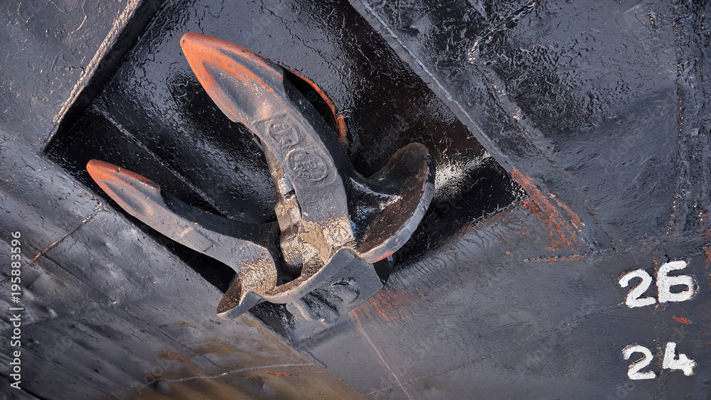 Details of old russian ship. Anchor, waterline numbers and painted ...