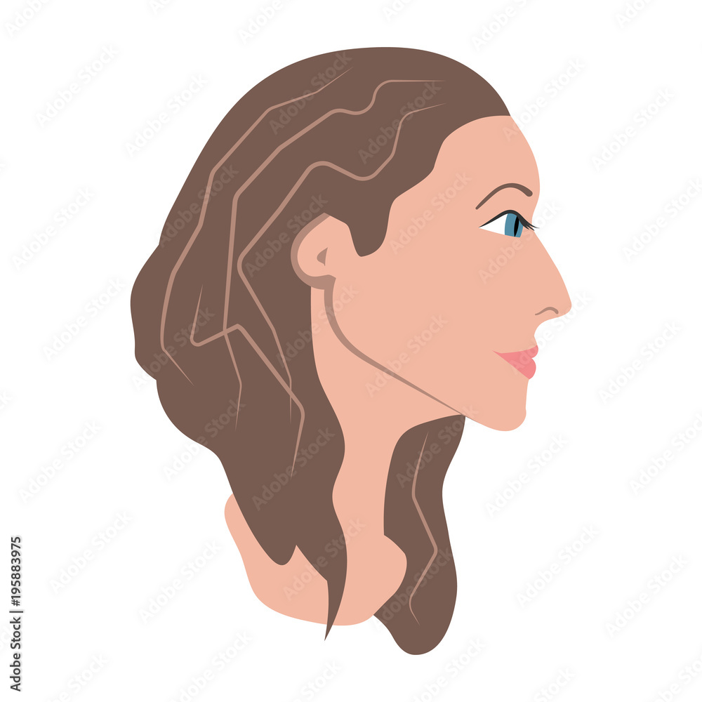 Head of a woman in side view, with long brown hair, isolated vector ...